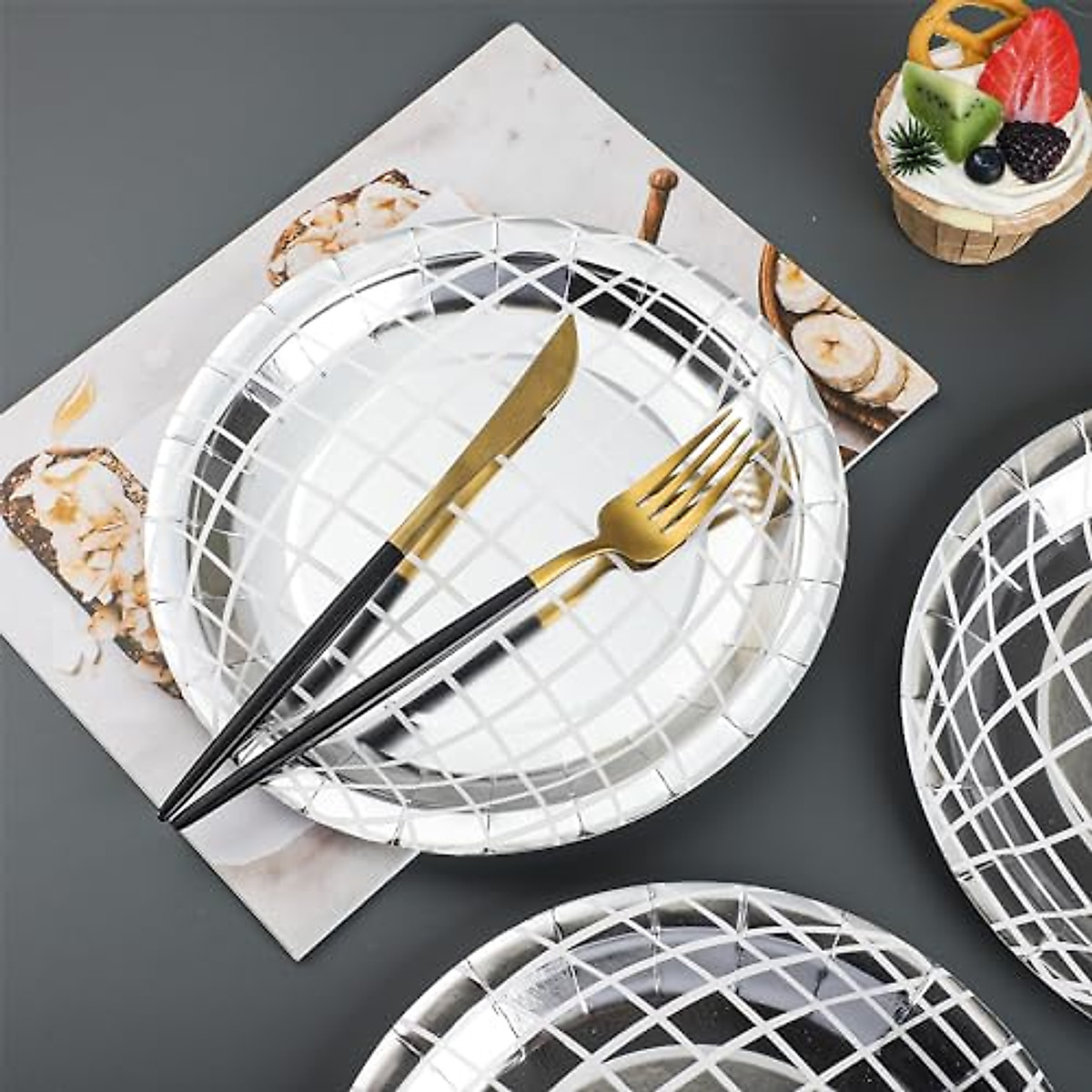 Fairooth 50 PCS Disco Paper Plates 9" Silver Foil Disposable Plates Disco Ball Dessert Dinner Plates 70’s Party Paper Tableware for Rock Roll Dance Music Party Supplies