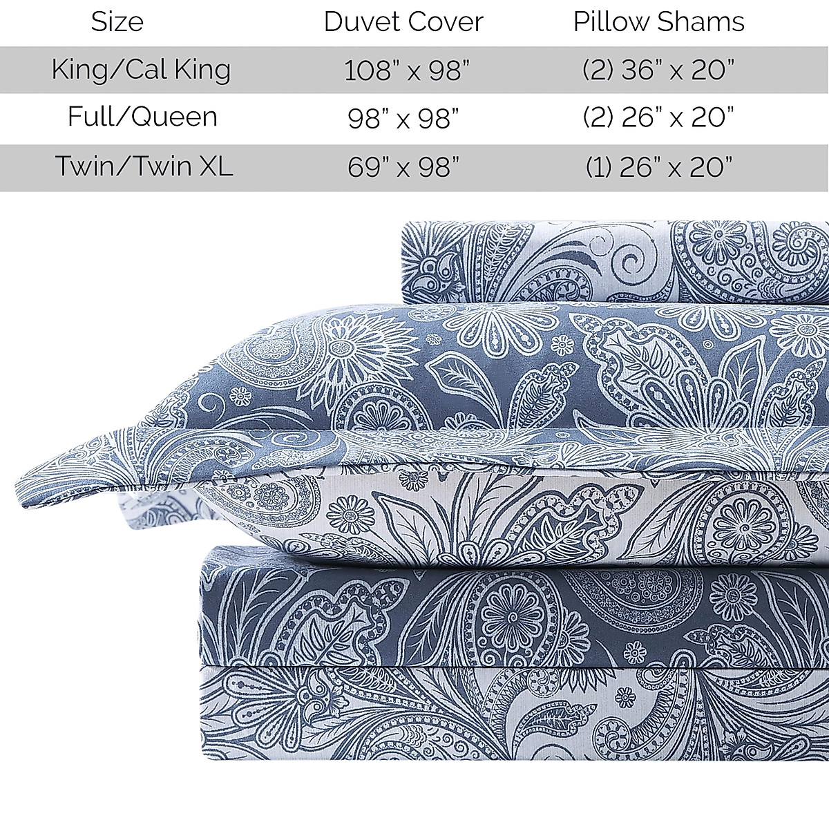 Southshore Fine Living, Inc. Reversible Paisley Duvet Cover King Size/California King - Premium Quality King Boho Bedding Set, Easy Care - 1 King/Cal King Duvet Cover, 2 Shams - Paisley Blue