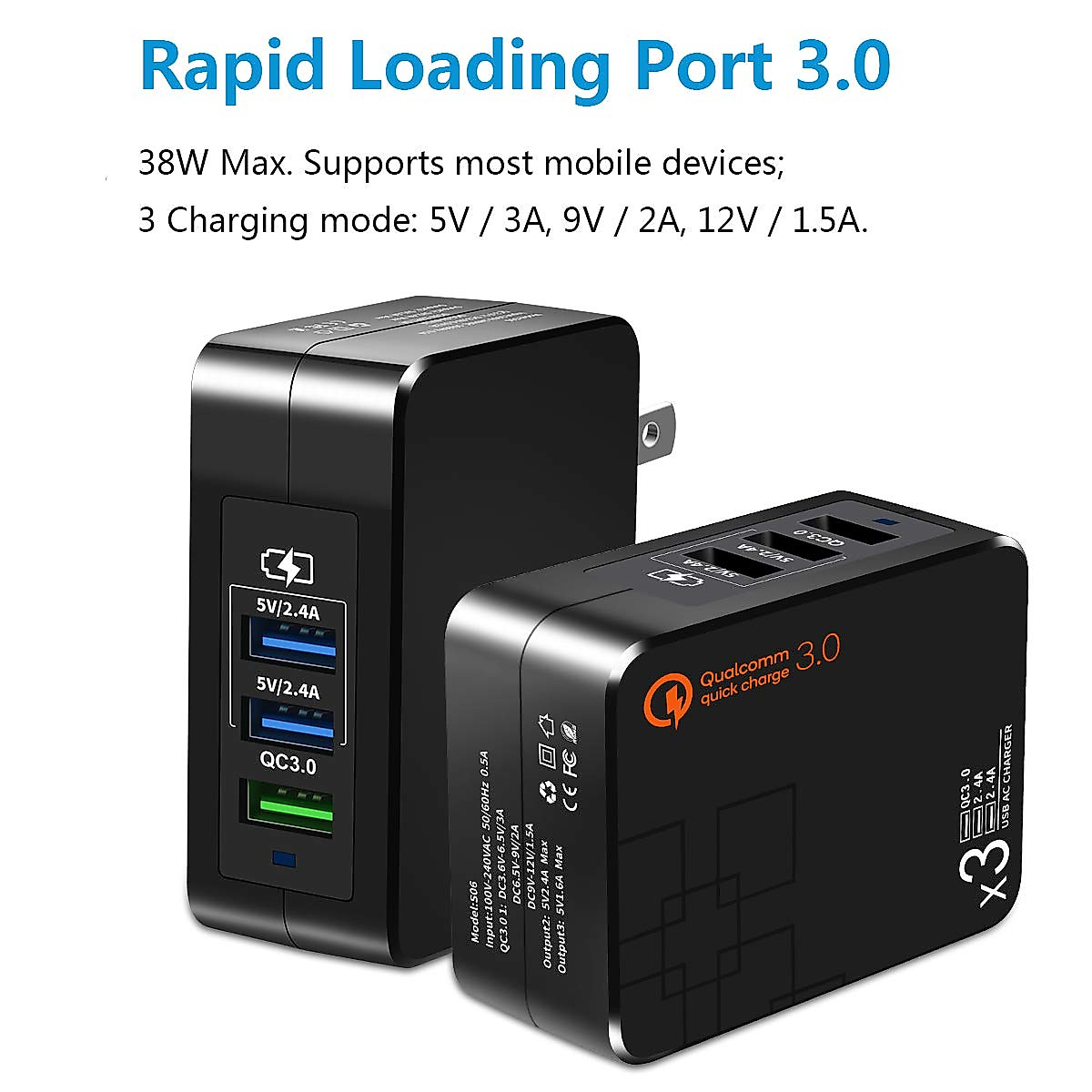 Fast Charge 3.0 USB Wall Charger (3A Max.) with Dual 5V/2.4A USB Ports (Total 4A), Portable 38W QC3.0 USB Charger Power Adapter with Foldable Plug for iPhone XS/Max/XR/X/8/7/6s/Plus, iPad Pro-Black.