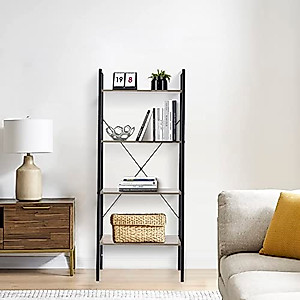 LuxenHome 4 Tier Ladder Bookshelf, 58'' Modern Leaning Bookshelf, Solid Real Wood Bookcase, Rustic Shelves with Industrial Metal Frame, Tall Wide Bookshelf Storage for Classroom, Light-Oak