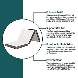 Nutan 4-Inch Tri-Folding Zippered, Gel Memory Foam Mattress, Cot Pad, Guest Bed, Portable Floor Mattress, Breathable Mesh Sides with Ultra Soft, Removable and Washable Cover, 31-Inch, White