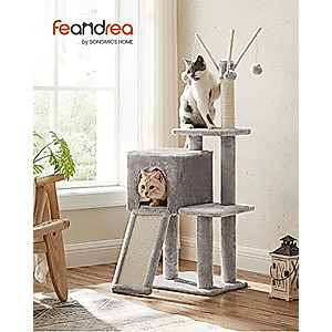 Feandrea Cat Tree, Small Cat Tower for Indoor Cats, Kittens, Multi-Level Plush Cat Condo, 16.5 x 12.6 x 46.5 Inches, Scratching Post, Ramp, 3 Removable Pompom Sticks, Cat Cave, Light Gray UPCT143W01