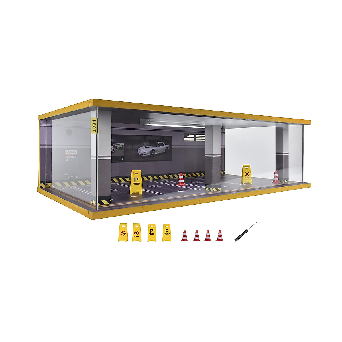 Otypus 1/24 Scale Model Car Display Case with Light, 1 24 Diecast Cars Storage Cases in Parking Lot Scene, Acrylic Toy Garage for Alloy Car Models (Grey-8 Parking Place)