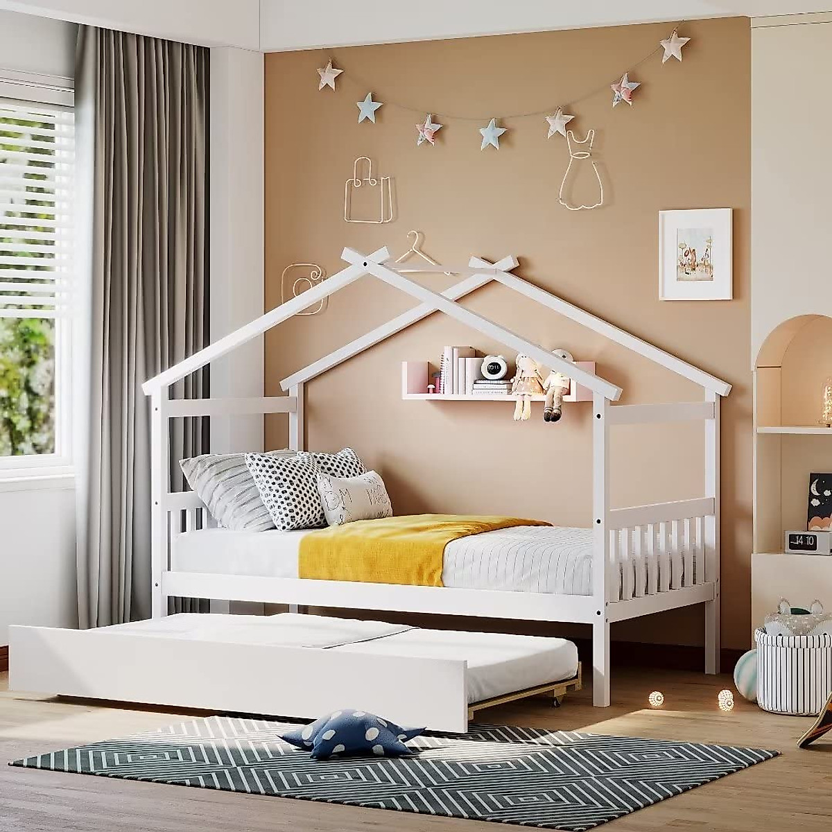 voqoomkl Twin Size Floor Bed with Twin Size Trundle, Wooden House Bed with Headboard and Footboard, Daybed with Roof Design and Wood Slats Supprt for Boys Girl Bedroom, No Box Springs Required, White
