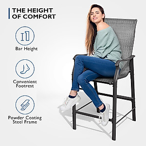 VONZOY Outdoor Bar Stools Set of 2, Comfortable Bar Height Outdoor Chairs, Patio Bar Stools w/All-Weather Mesh, 300lb Capacity (Grey)