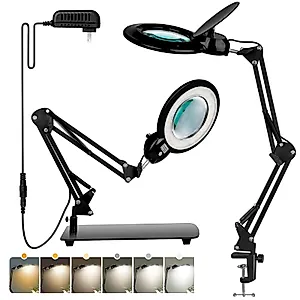 10X Magnifying Glass with Light and Stand, KIRKAS 2-in-1 Any Color Modes & Stepless Dimming Magnifying Lamp with Clamp, Real Glass Lens LED Magnifier Lamp for Reading, Repair, Hobby, Close Work-Black