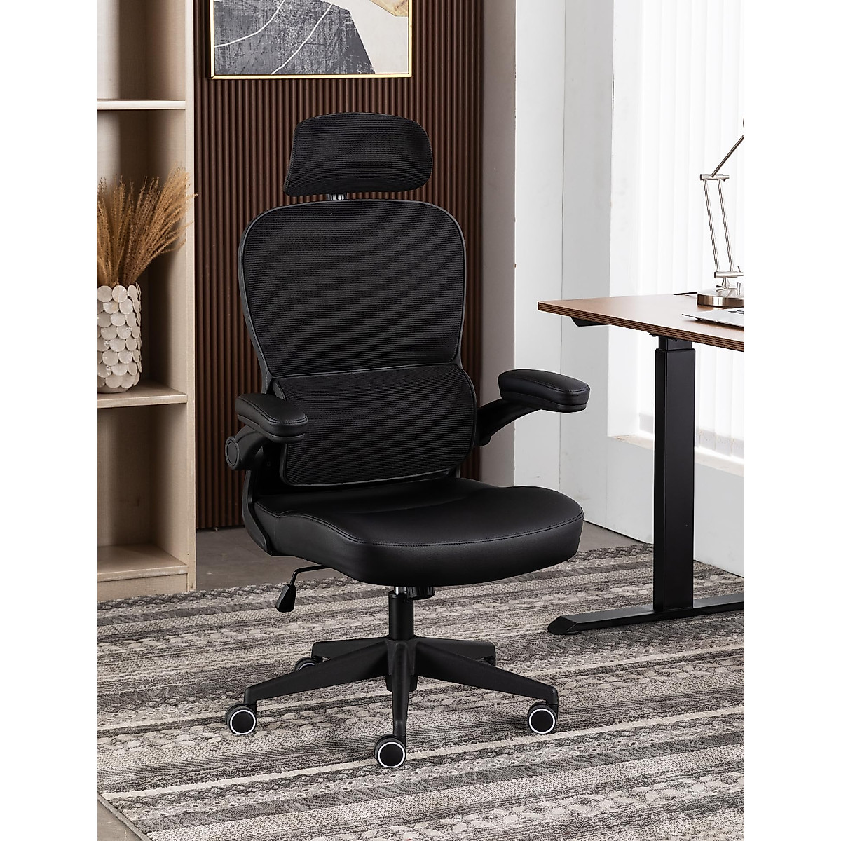 Ergonomic Mesh Office Chair High Back Desk Chair for Big and Tall People Adjustable Headrest with 2D Armrest Lumbar Support and PU Wheels Swivel Tilt Function Black (Black with Nylon Base)