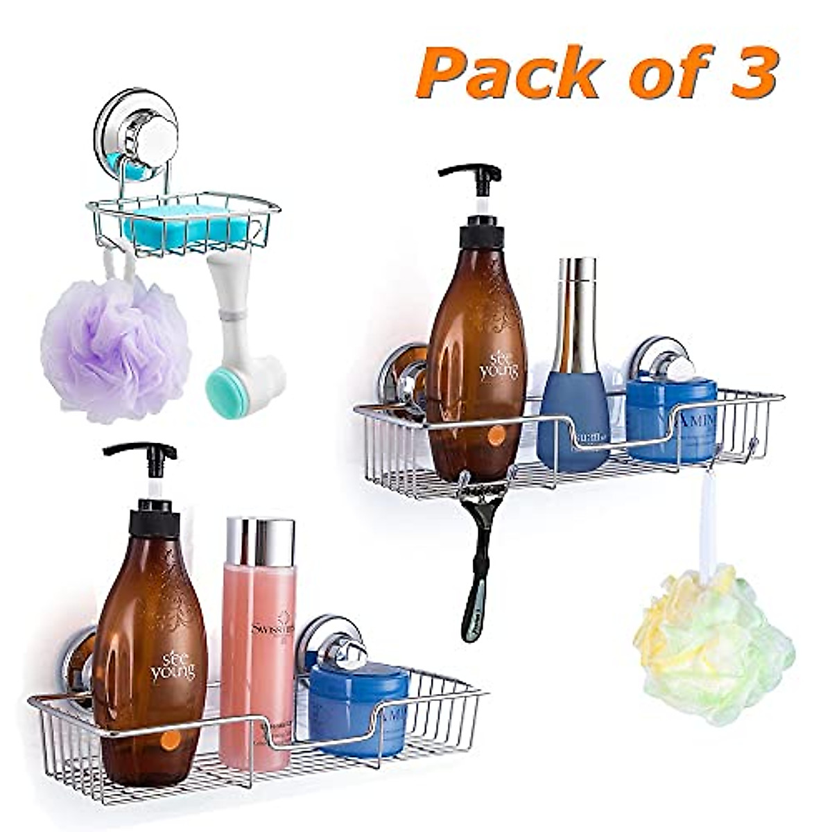 SANNO Suction Cups Shower Caddy Soap Dish Holder for Large Shampoo Shower Gel Holder Bathroom Storage Bath Organizer Kitchen Storage Basket for Shampoo, Conditioner, Soap- Rustproof Stainless Steel