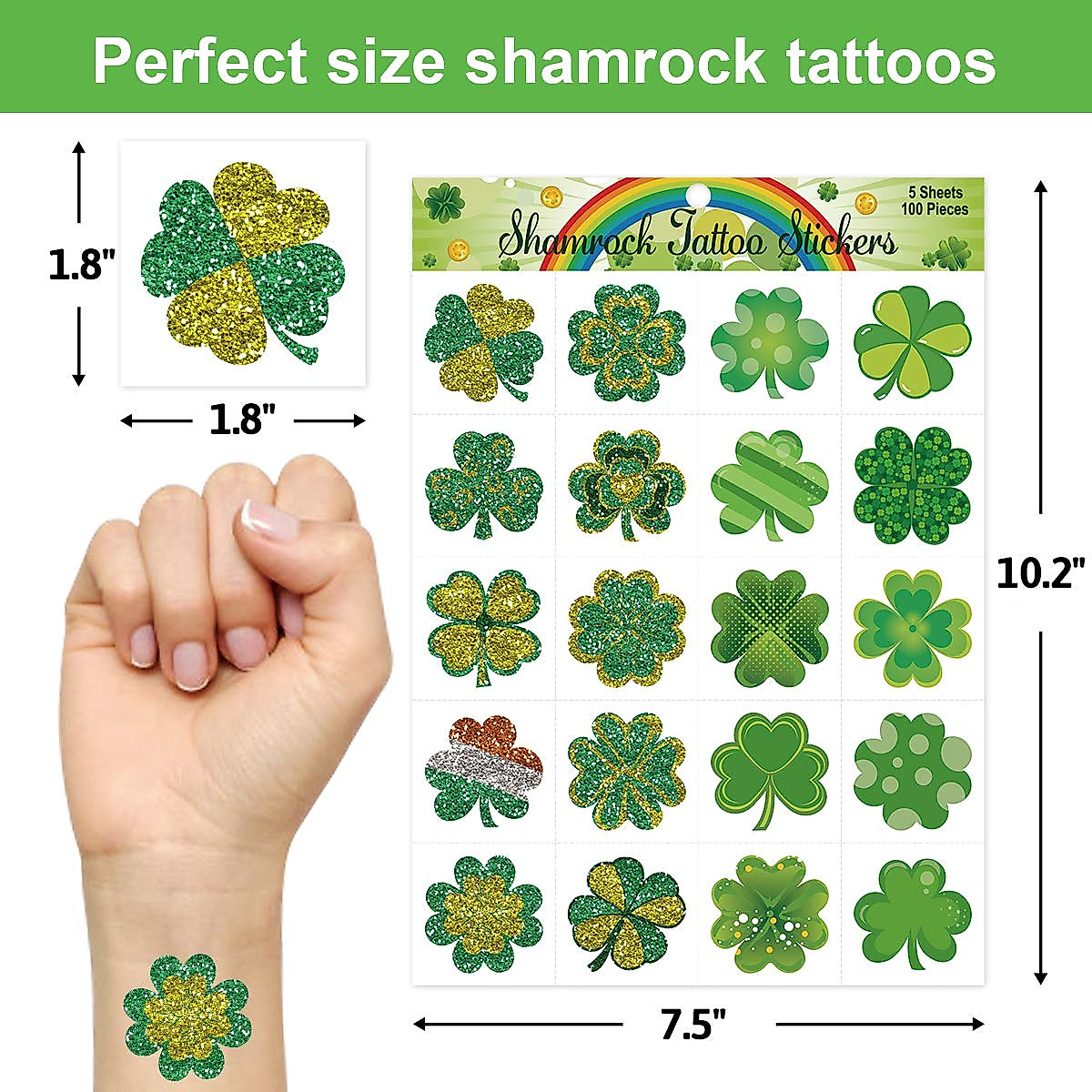 100 PCS Shamrock Tattoo Stickers St. Patrick's Day Accessories Temporary Tattoos Clover Tattoos Irish Tattoos for St Patricks Day Decorations Party Favors