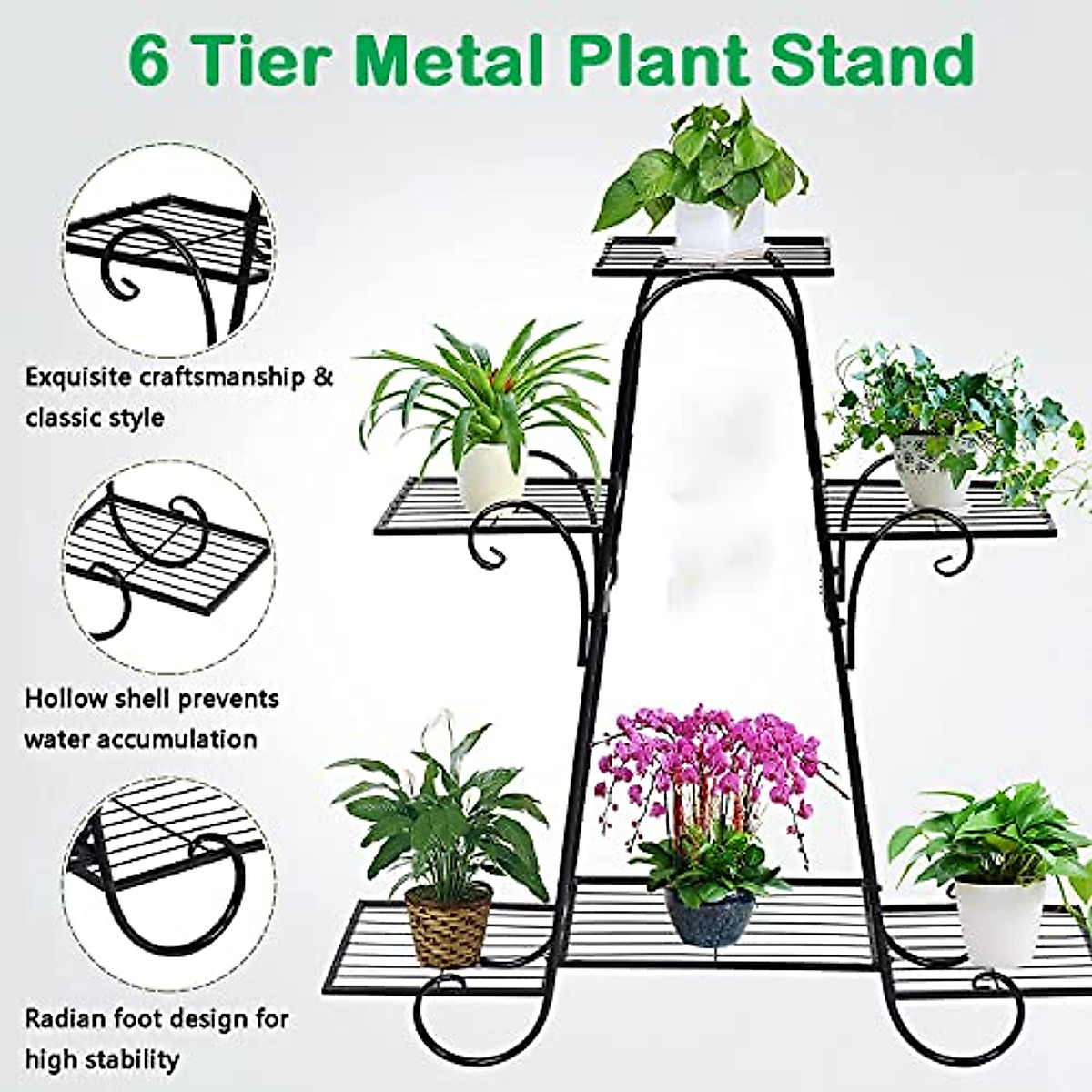 Nisorpa 6 Tier Plant Stands for Indoor and Outdoor, Metal Plant Stand Shelf, Flower Pot Holder Shelf for Multi Plants, Multilayer Potted Planters Display Rack L31.5 x H29.13 x W8.27in