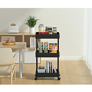 Sooyee 3-Tier Plastic Rolling Utility Cart with Wheels, Multi-Functional Storage Trolley for Office, Living Room, Kitchen, Movable Storage Organizer with Wheels, Black