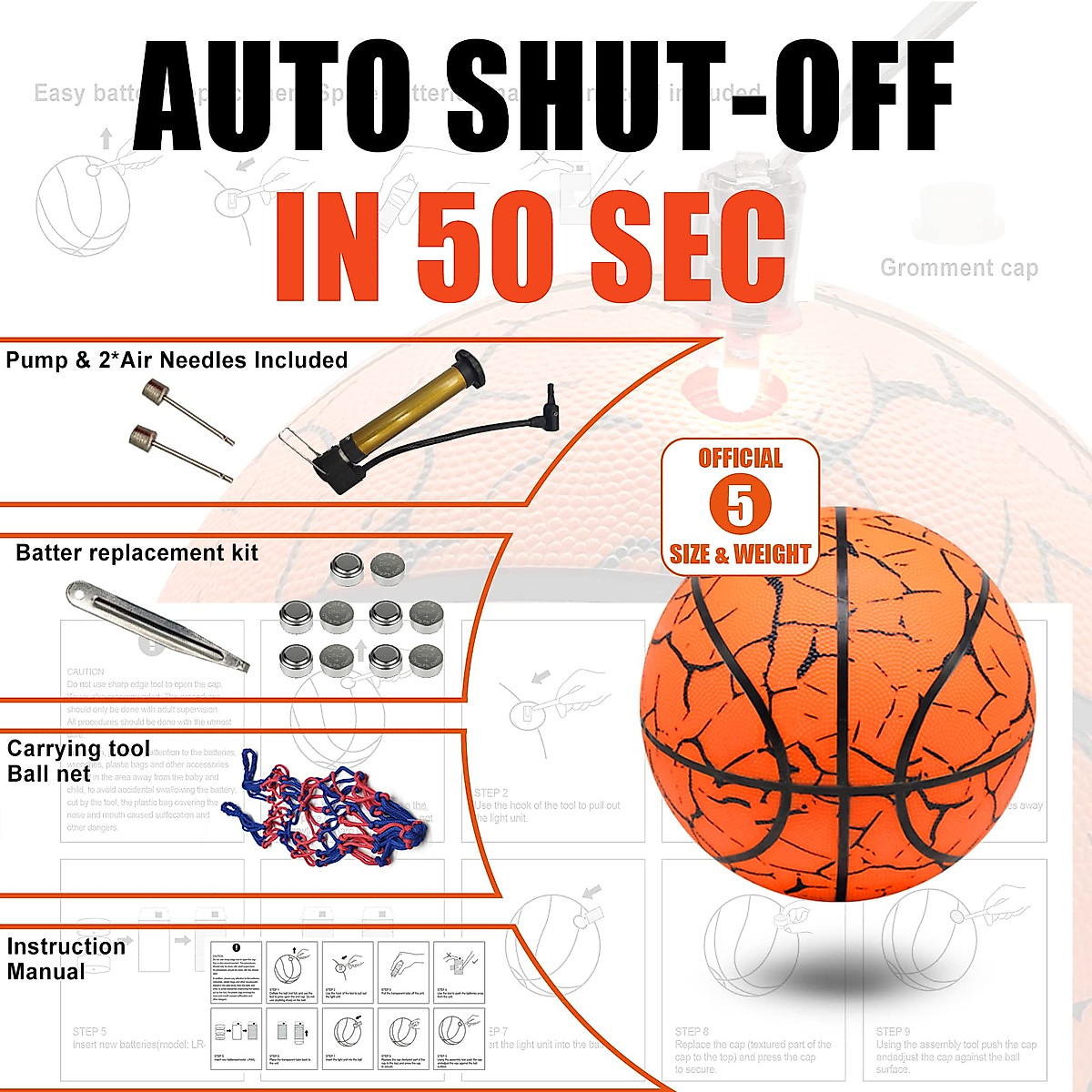 RUNIGHT Light Up Basketball - Extra Pump and Net - Official Size 5 - Great Glow in The Dark with 2 LED Lights and Pre Batteries- Youth Balls Gift for Kids,Teen Boys and Girls for Night Game