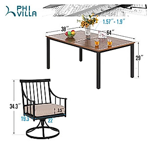 PHI VILLA Metal Patio Dining Det 6,7 Piece Metal Outdoor Dining Table Set - 1 Rectangle Expanding Dining Table and 6 Swivel Chairs Garden Outdoor Chairs