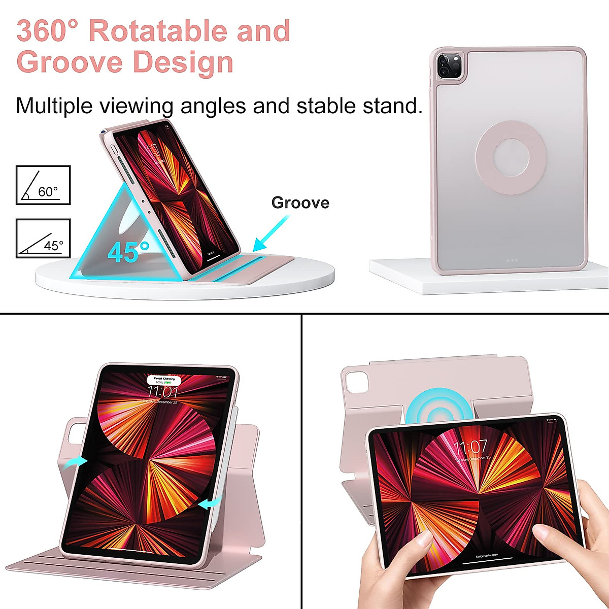 Case for iPad Pro 11 2022/2021/2020/2018 Gen 1st/2nd/3rd/4th,360 Rotatable with Powerful Magnet,2 in 1 Detachable Clear Case and Washable Semi-Silicone Protective Cover Smart Folio Support Pen Charger