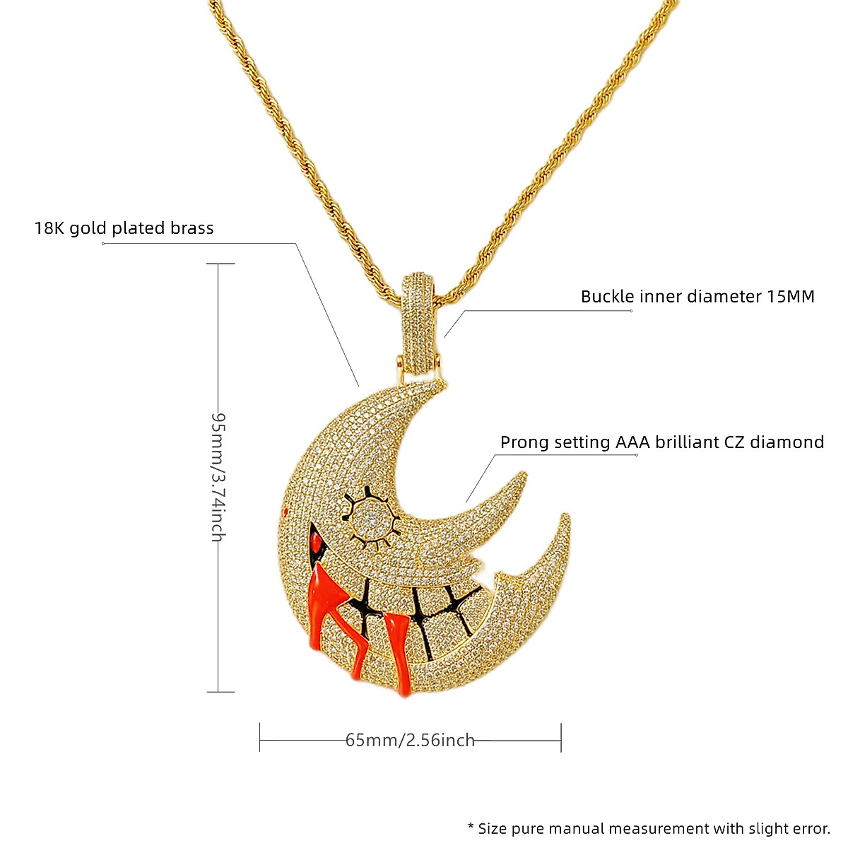 ICEDIAMOND Shiny CZ Simulated Diamond Grinning Crescent Moon Necklace, Iced Out Zircon Gothic New Moon Pendant, Gold Plated Hip Hop Charm Jewelry for Men (Gold)