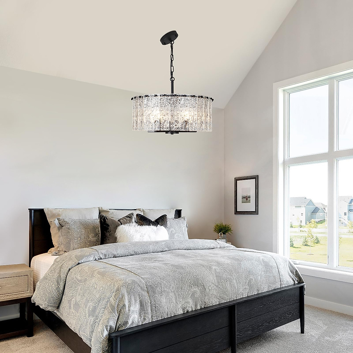 CWarmozy 19.7'' Luxury Black Chandelier for Dining Room 5-Light Modern Crystal Chandeliers Water Ripple Glass Light Fixture Elegant Ceiling Hanging Light for Kitchen Island Bedroom Living Room