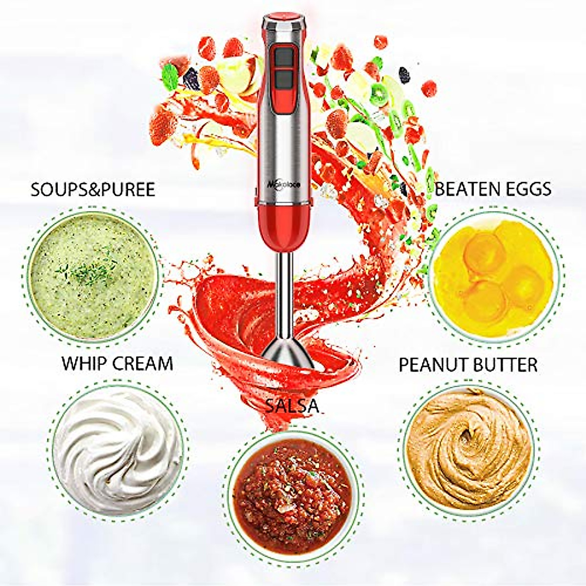 Makoloce Hand Blender 800W 12-Speed 5-in-1 Immersion Blender Handheld Stick Blender Stainless Steel With Whisk, Milk Frother, Chopper, Grinder Bowl & Measuring Cup for Smoothie, Baby Food & Sauces Red