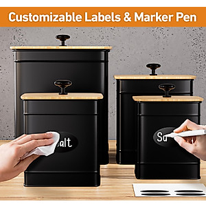 Kitchen Canisters for Countertop Set of 4 with Customizable Chalkboard Labels & Marker Pen - Big Iron Kitchen Canisters with Airtight Lids - Canisters Sets for the Kitchen - Black Kitchen Canister Set