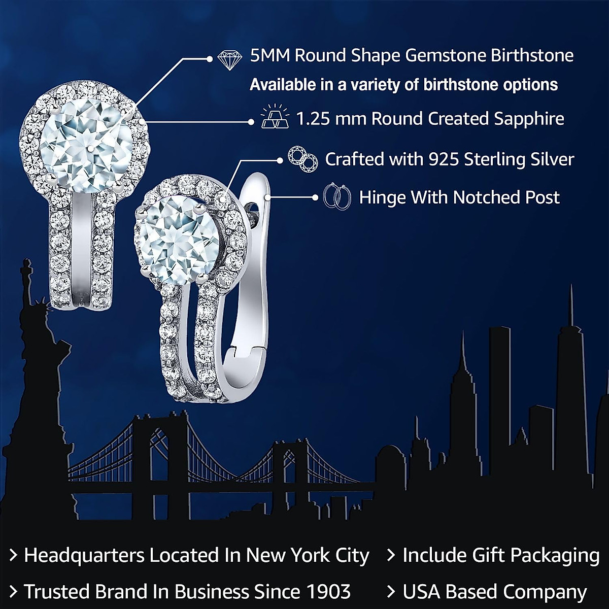 Gem Stone King 925 Sterling Silver Gemstone Birthstone and and White Created Sapphire Earrings | 5MM Round French Clip Clasp Hook Earring For Women