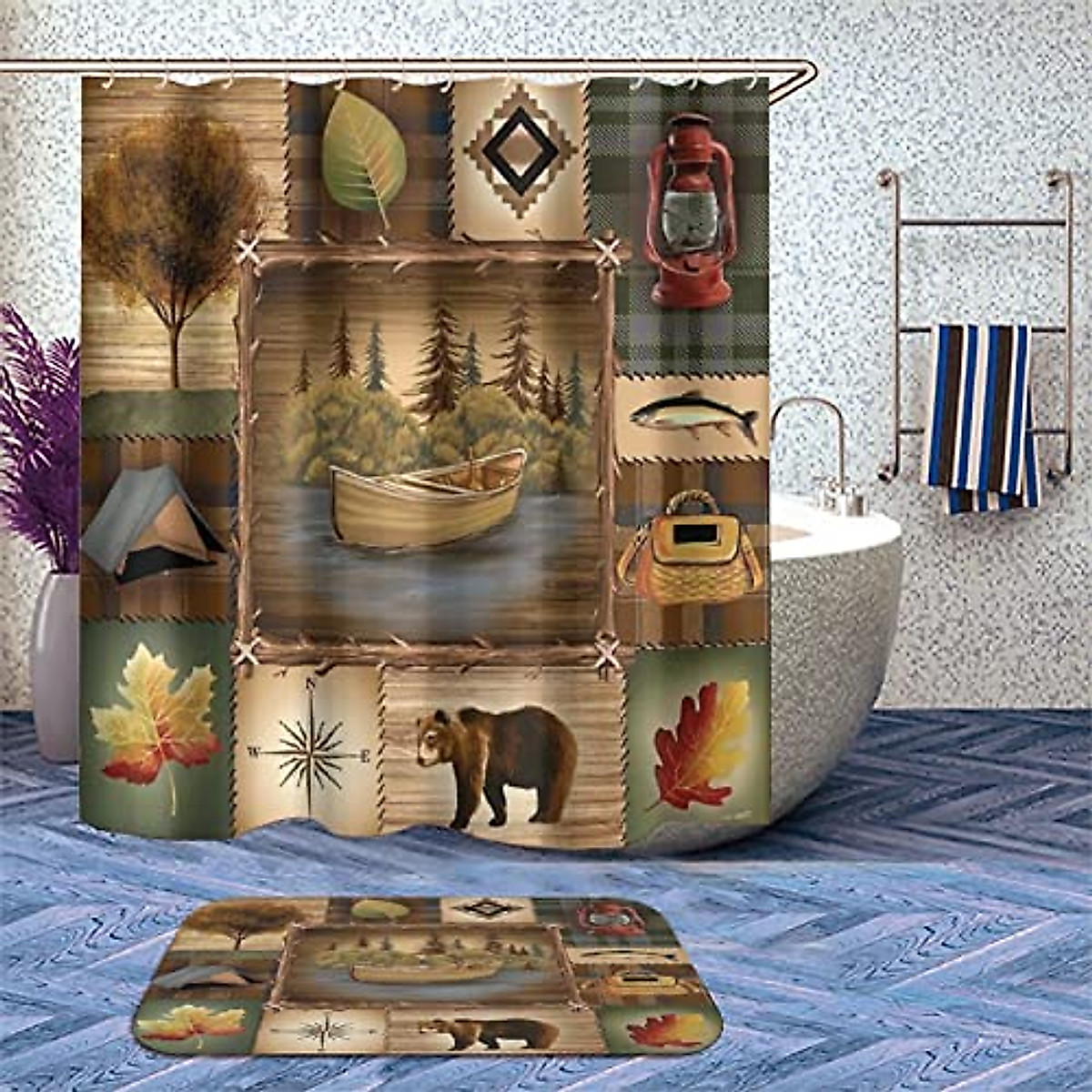 Zmcongz Lodge Bear Moose Shower Curtain Set with Rugs Retro Rustic Farmhouse Cabin Bath Curtain for Bathroom Waterproof Fabric Bathroom Decor Set, 72x72 Inch