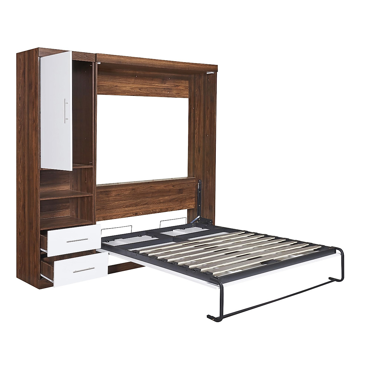 LZ LEISURE ZONE Full Size Murphy Bed, Wood Wall Bed Full Murphy Cabinet Bed with Drawers and Shelves, White+Wood