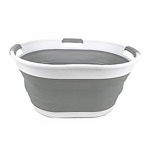 SAMMART 25L (6.6 gallon) Collapsible Plastic Laundry Basket - Foldable Pop Up Storage Container/Organizer - Portable Washing Tub - Space Saving Hamper/Basket (White/Grey)