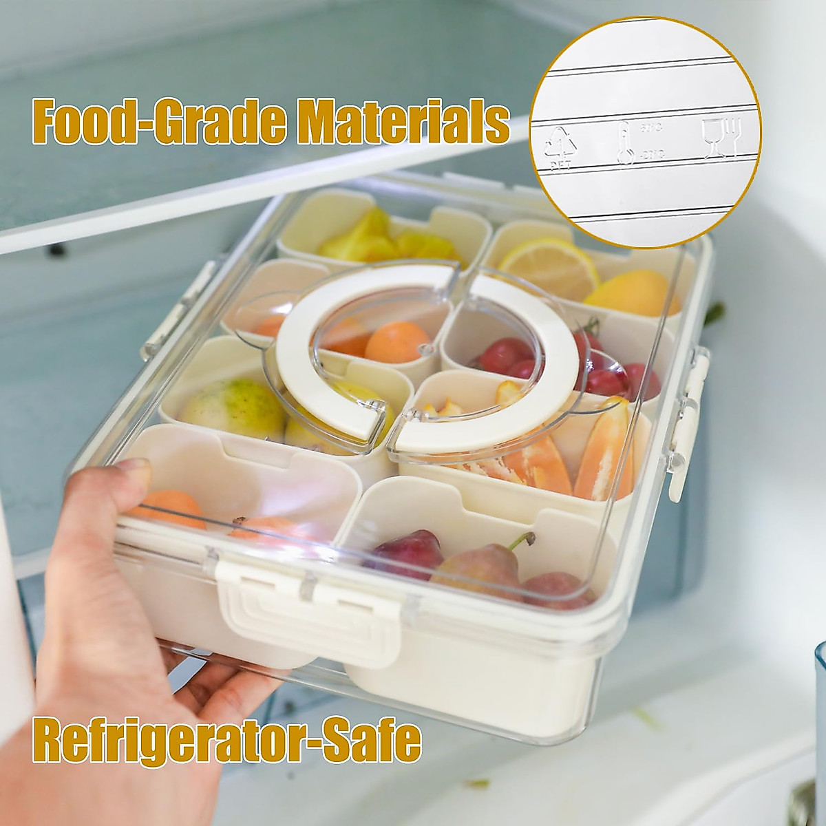 Divided Snackle Box platters with Lid and Handle, Snack Box Charcuterie Container for Portable Snack Platters, Travel Snack Container for Snacks, Fruits, Candy, Nuts - Perfect for parties, picnics
