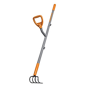 ErgieShovel ERG-CLTV45 w/54, 5-in-1 Impact Resistant Garden Soil Cultivator w/ 5-in-1 Piece Forged Steel Head, 4-Tine, 54-Inch Shaft, w/Patented Ergonomic Second Handle, Gray/Orange