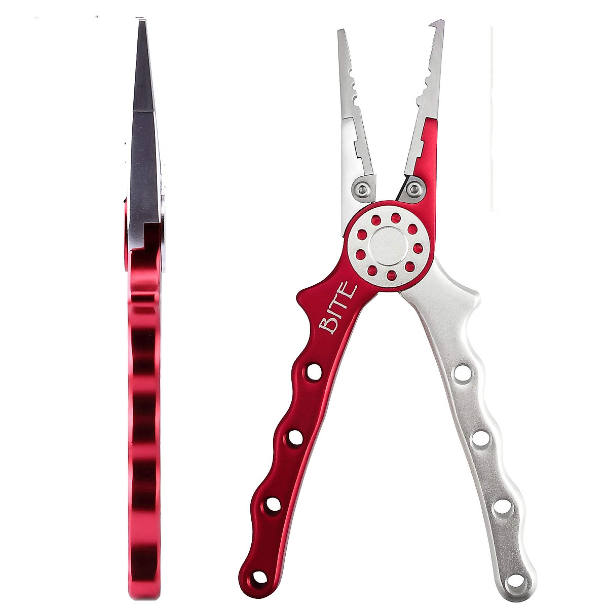BITE Fishing Tackle 7 inch Fishing Pliers, Aluminum Fishing Tools, Saltwater Resistant Fishing Gear with Corrosion Resistant Coating and Rubber Handle,Fishing Gifts for Men RED Silver