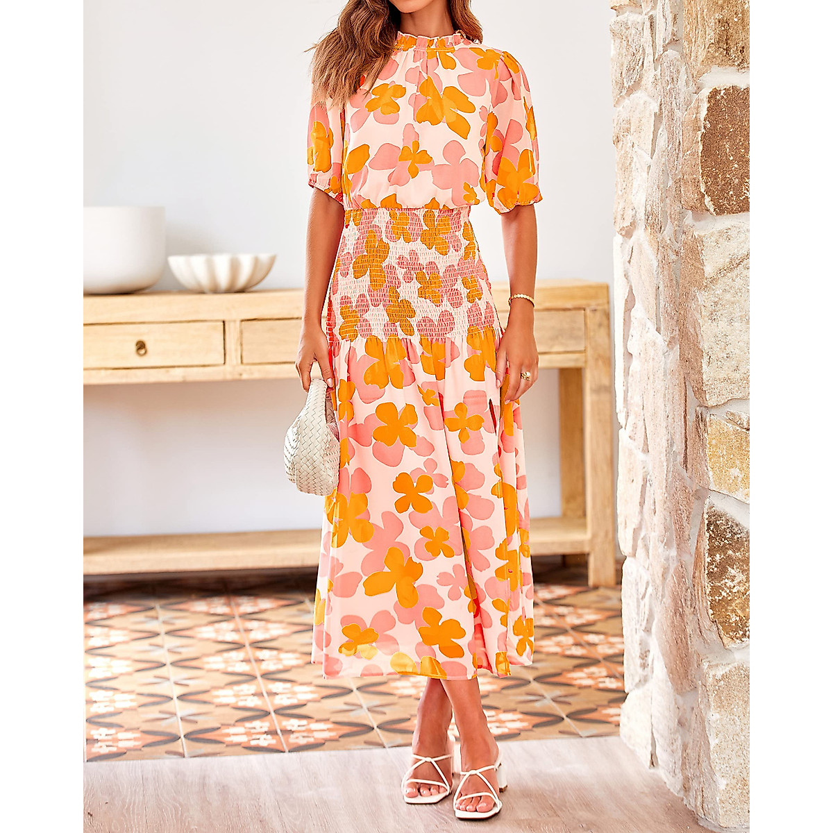 PRETTYGARDEN Women Summer Casual Ruffle Mock Neck Dress 2023 Short Sleeve Smocked Slit Boho Floral Midi Beach Dresses(Floral White Yellow,Large)