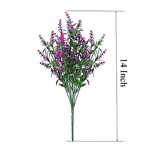 Grunyia 10 Bundles Artificial Lavender Flowers Outdoor Fake Plants Faux Plastic UV Resistant Flowers for Home Garden Porch Window Box and Cemetary Grave Decorations (10, Purple)