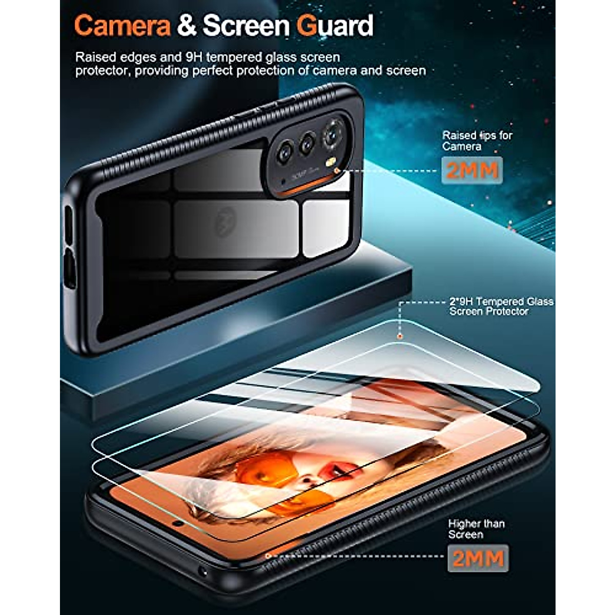 LeYi for Motorola Edge 2022 Case, Moto Edge 2022 Case with 2 Tempered Glass Screen Protector, Full-Body Shockproof Bumper Rugged Hybrid Clear Protective Phone Case for Motorola Edge 2022, Black