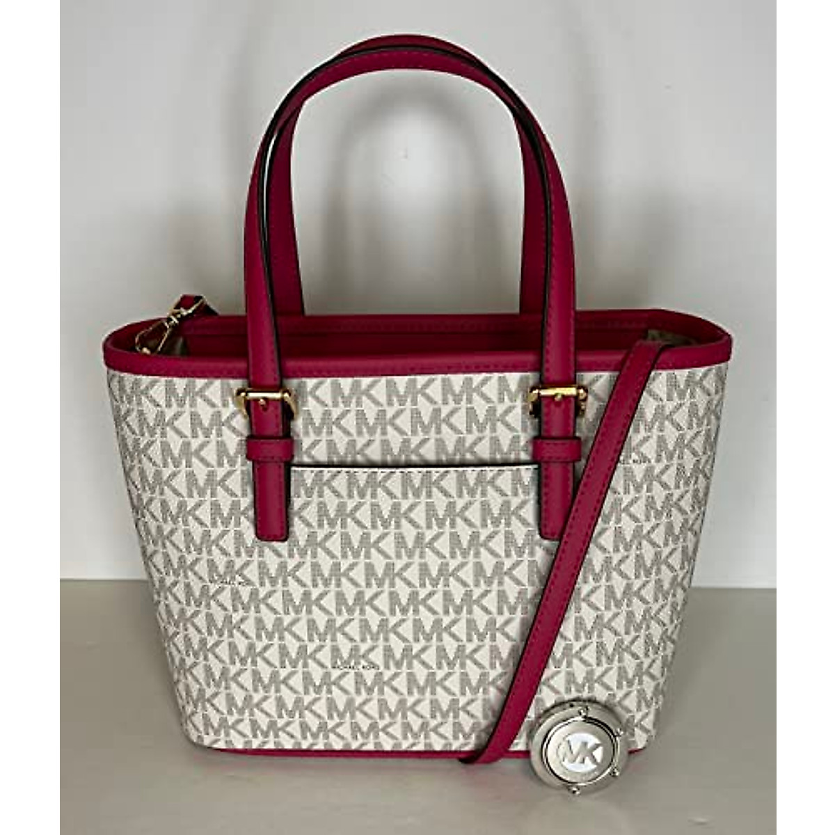 Michael Kors Jet Set Travel XS Carryall Convertible Top Zip Tote bundled with SM TZ Coinpouch and Purse Hook (Carmine Pink MK Multi)
