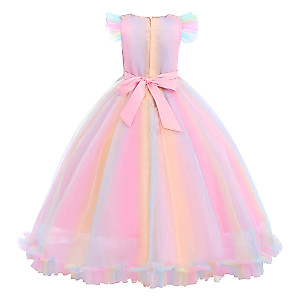 Little Big Girls Rainbow Costume Pageant Princess Party Tulle Dress Kids Floral First Communion Wedding Birthday Halloween Christmas Carnival Long Maxi Ball Gown Rainbow 7-8 Years