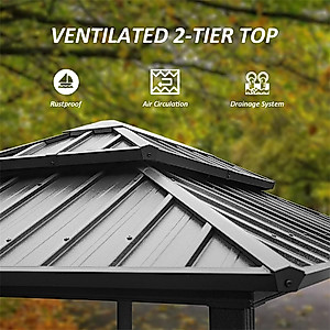 8'X6' Grill Gazebo Hardtop, Steel Grill Gazebo with Two Shelves Serving Tables, Permanent Double Roof Hard Top Gazebo, Heavy Duty Aluminum BBQ Gazebo for Patio, Deck, Backyard and Garden (Grey)