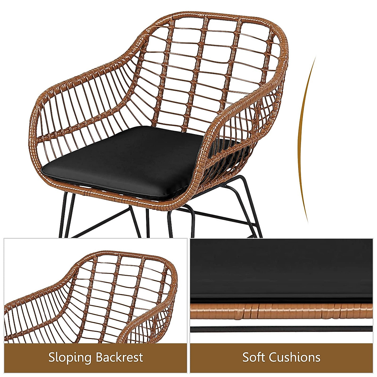 DORTALA 3 Piece Patio Bistro Set, Outdoor Wicker Furniture with Round Tempered Glass Top Table & 2 Rattan Armchairs, Cushions, Conversation Set for Porch, Backyard, Garden, Black
