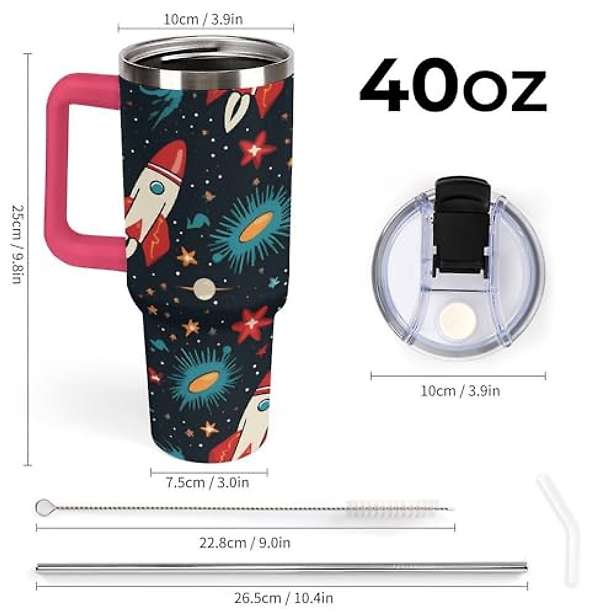 Cartoon Rockets 40 Oz Car Cup Stainless Steel Travel Mug Leak-Proof Insulated Tumbler with Handle Light Rose Red-style