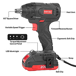 Eastvolt 20V Cordless Impact Wrench, 250Ft-lbs High Torque Brushless Wrench Kit 2600 RPM, Battery Impact Driver with Fast Charger, LED Light, 4 Sockets, Belt Clip and Storage Box