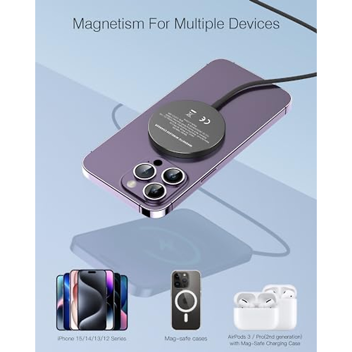 iXular Magnetic Wireless Charger 15W Compatible with Mag-Safe Charger for iPhone 15 14 Pro Max Plus/13 Pro Max Mini/12,Magnetic Wireless Charging Pad for Airpods 3/2/Pro,Mag Safe Charger (1 Pack)