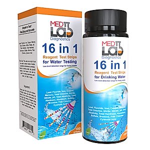 16 in 1 Drinking Water Test Kit Strips, 100 cnt. Home Water Quality Test for Tap Water, Pool, Spa. Strips for Water Hardness, Total Chlorine, Mercury, Lead, Aluminum, Fluoride, Iron, pH and More