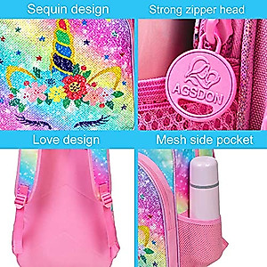 CCJPX 3PCS Unicorn Backpack for Girls, 16” Kids Sequin Bookbag and Lunch Box for Kindergarten Elementary