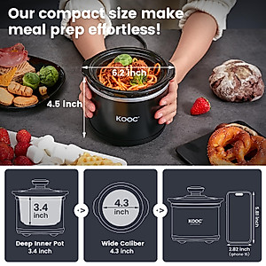 KOOC Small Slow Cooker, 0.65 Quart, Free Liners Included, Upgraded Ceramic Pot, Nutrient Loss Reduction, Sauces, Stews & Dips, Stainless Steel, Black, Round