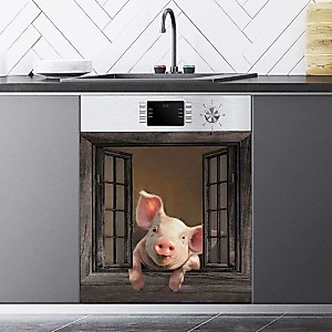 Magnetic Funny Pig Dishwasher Sticker Kitchen Cabinet Panels,Farm Window Refrigerator Door Cover Sheet,Animal Fridge Manget,Home Appliances Decor Decals 23"Wx17"H