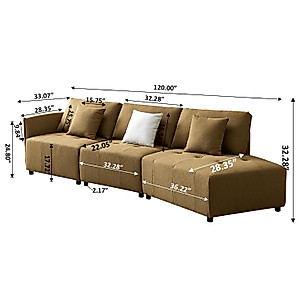 kevinplus 120'' Sectional Sofa Couch for Living Room, Modern Contemporary Sofa Couch with Curved Tufted Seat, Sofa Couch with Throw Pillow for Apartment, Teddy Fabric, Dark Yellow