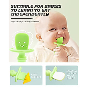 2 Pcs Baby Spoons Self Feeding 6 Months, Silicone Baby Spoons First Stage and Baby Fork, Toddler Utensils for Baby Led Weaning with 1 Case (Green))