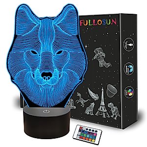 FULLOSUN 3D Wolf Night Light, Optical Illusion Lamp for Home Decor & Co-Sleeping,Remote Controller with 16 Color Changing Birthday Gifts for Kids, Boys & Men