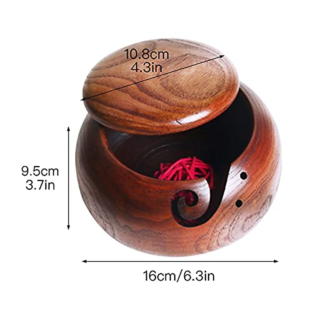 JYCAR 6 Inches Wood Yarn Storage Bowl, Crochet Yarn Handmade Knitting Bowl with Carved Holes and Lid for Knitting and Crochet, 6.3 x 3.7 x 4.3 inch