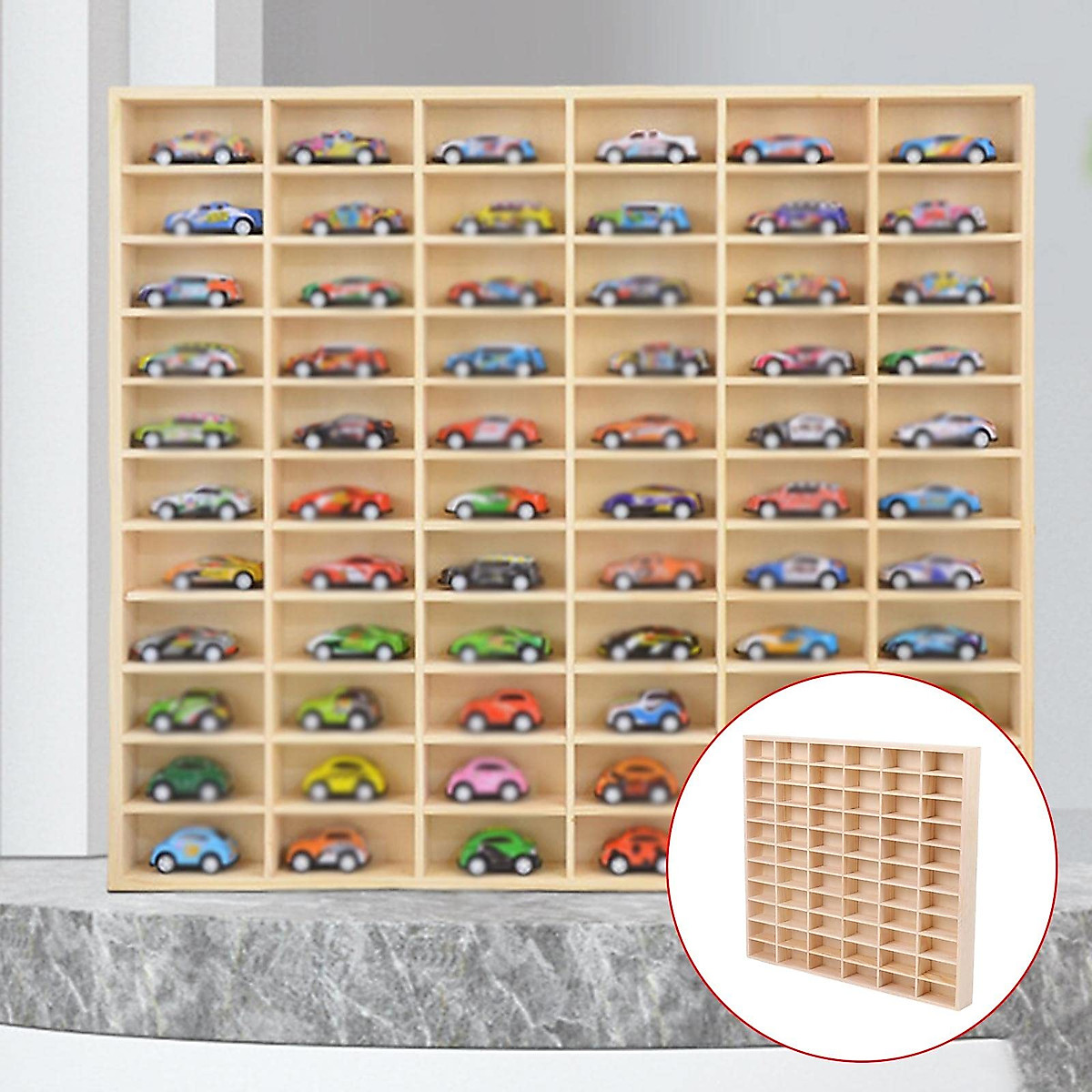 Gralara Wood Car Display Rack Toy, Book Organizer Shelf Shelves,Storage,Toys Storage Stand Organizer for Doll,Diecast Car,Collectibles Counter Store, 66 grids