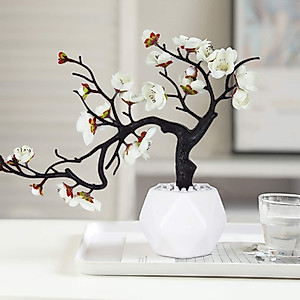 Artflower Plum Blossom Artificial Silk Flowers 2 Pack Simulation Flower with Ceramic Vase Fake Plant Potted Arrangement for Home Wedding Office DIY Living Room Party Garden Decoration (White)
