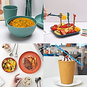 48 Pcs Wheat Straw Dinnerware Sets, Unbreakable Plates and Bowls Sets, Reusable Dinnerware Sets for 4 People, Travel Camping Picnic Home Party Cutlery Set, Dishwasher Microwave Safe Dishes